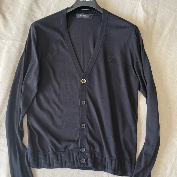Versace | Sweaters | Versace Mens Greca Accent Silk Cardigan Black ...